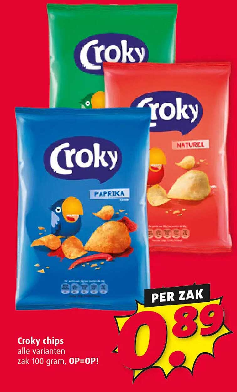 Crocky Chips Alle Varianten Zak 100 Gram, Op=Op! Aanbieding bij Boni ...