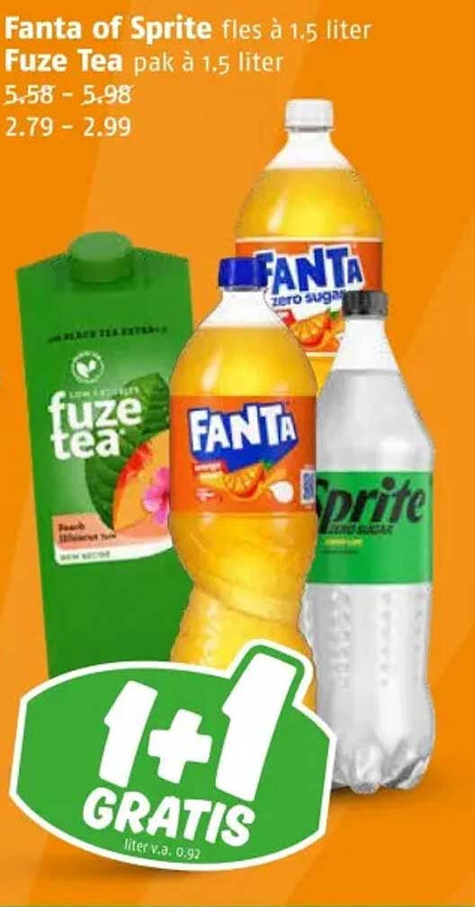 Fanta Of Sprite Fles À 1,5 Liter / Fuze Tea Pak À 1,5 Liter Aanbieding ...