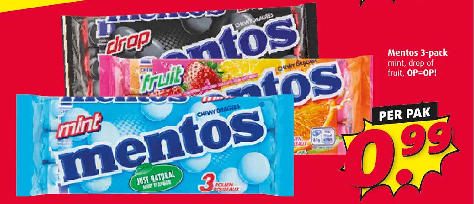 Mentos 3-Pack Mint, Drop Of Fruit, Op=Op! Aanbieding bij Boni ...
