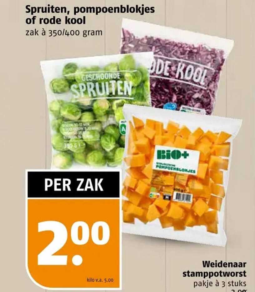 Spruiten, Pompoenblokjes Of Rode Kool Zak À 350/400 Gram Aanbieding bij ...