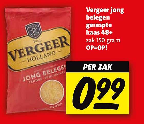 Vergeer Jong Belegen Geraspte Kaas 48+ Zak 150 Gram Op=Op! Aanbieding ...