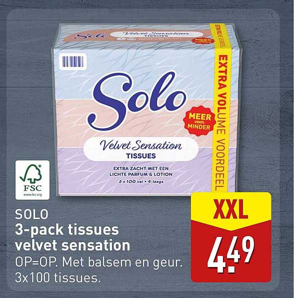 Solo 3-Pack Tissues Velvet Sensation Aanbieding bij ALDI - FolderFeest.nl