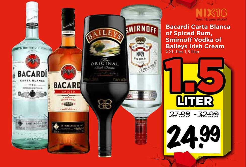 Bacardi Carta Blanca Of Spiced Rum, Smirnoff Vodka Of Baileys Irish ...