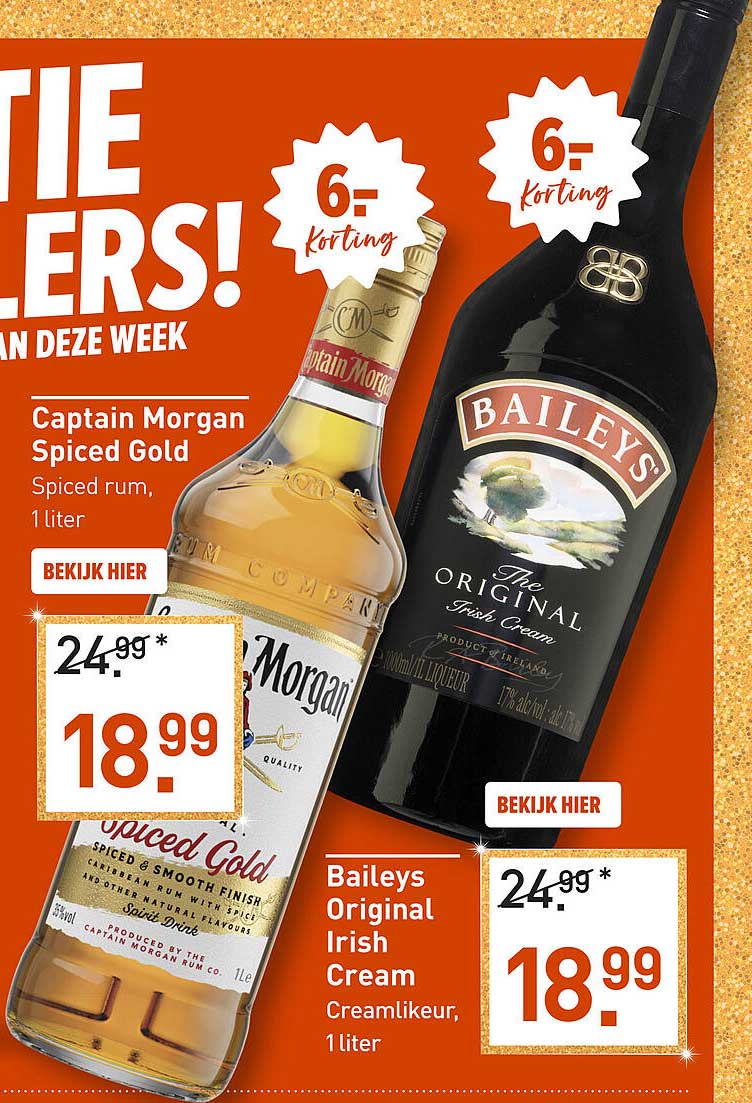 Captain Morgan Spiced Gold En Baileys Original Irish Cream Aanbieding ...