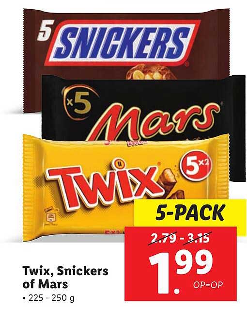 Twix, Snickers Of Mars 5-Pack Aanbieding bij Lidl - FolderFeest.nl