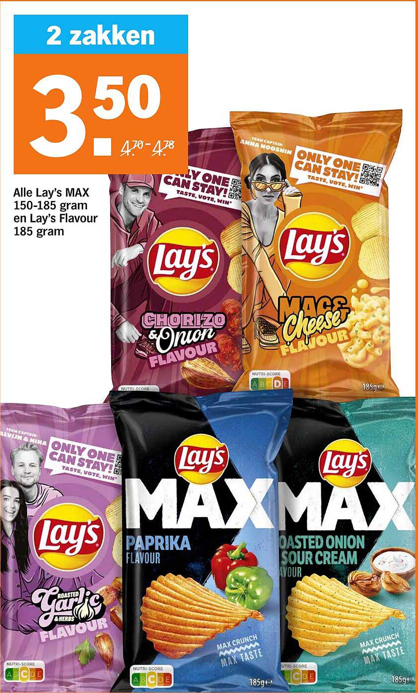Alle Lay's Max En Lay's Flavour 185 Gram aanbieding bij Albert Heijn