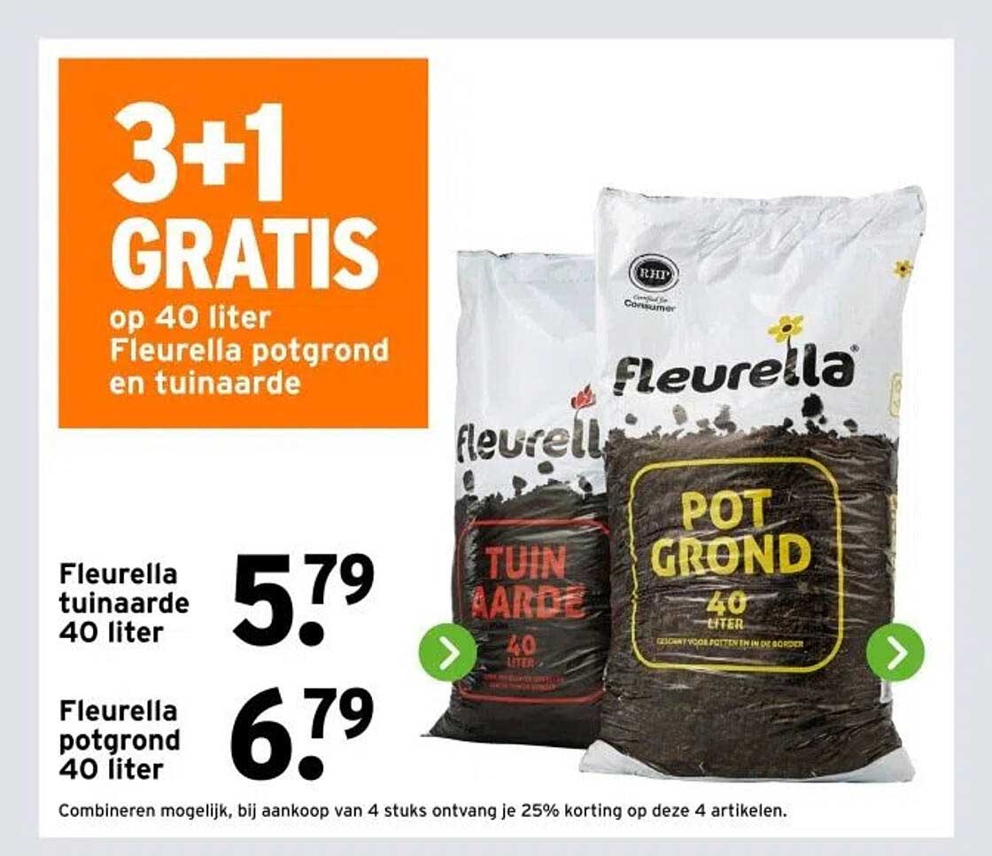 3+1 Gratis Op 40 Liter Fleurella Potgrond En Tuinaarde Aanbieding bij ...