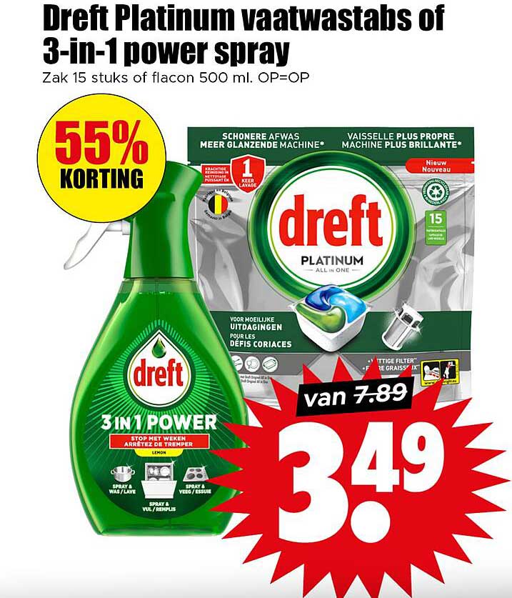 Dreft Platinum Vaatwastabs Of 3-In-1 Power Spray Aanbieding bij Dirk ...