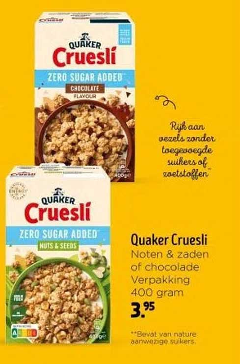 Quaker Cruesli Noten & Zaden Of Chocolade Verpakking 400 Gram ...