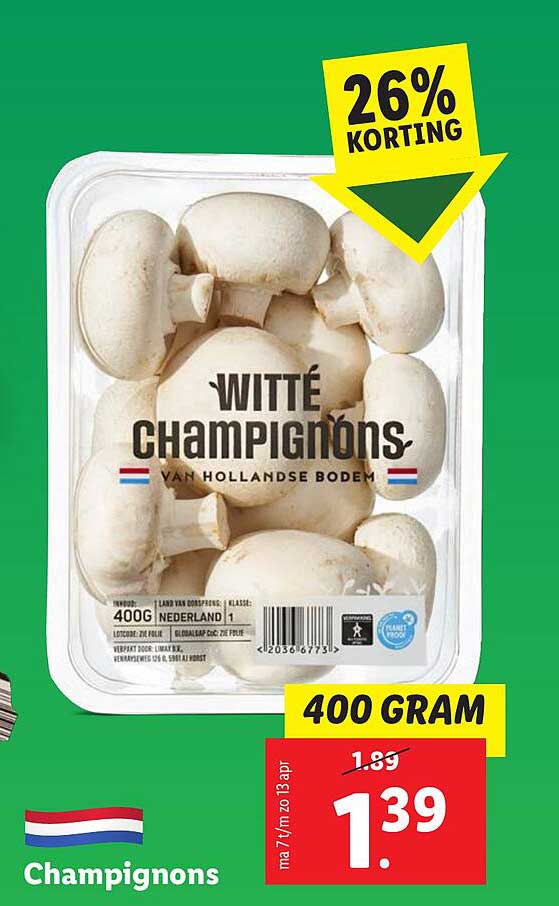 Witte Champignons 400 Gram Aanbieding bij Lidl - FolderFeest.nl