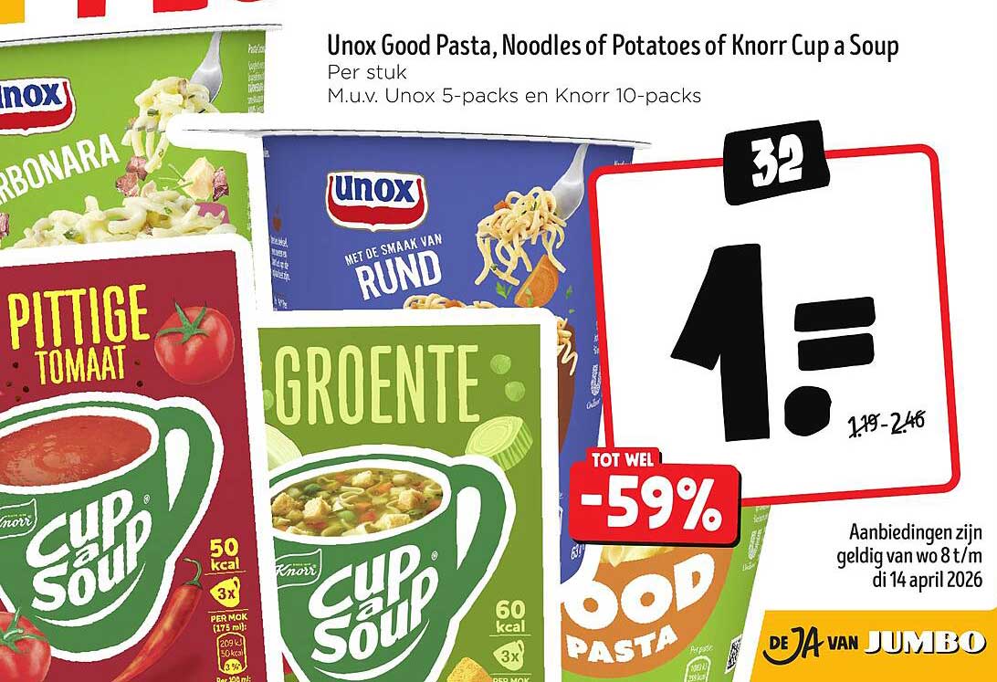Unox Good Pasta, Noodles Of Potatoes Of Knorr Cup A Soup Aanbieding bij ...