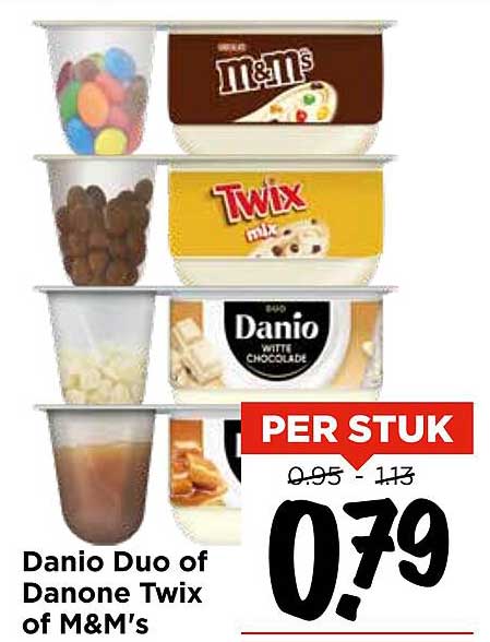Danio Duo Of Danone Twix Of M&M's aanbieding bij Vomar