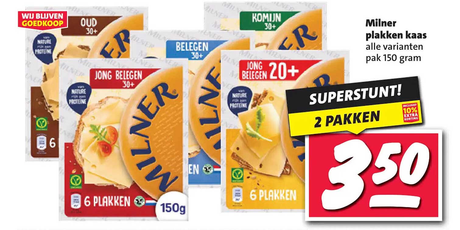 Milner Plakken Kaas Alle Varianten Pak 150 Gram Aanbieding bij ...