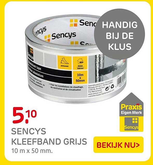 Sencys Kleefband Grijz 10 M X 50 Mm Aanbieding bij Praxis - FolderFeest.nl