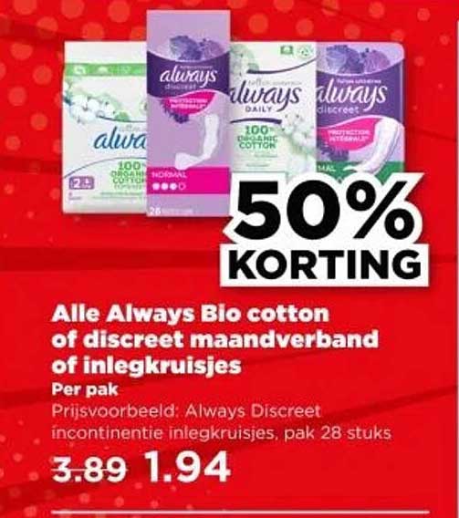 Alle Always Bio Cotton Of Discreet Maandverband Of Inlegkruisjes ...