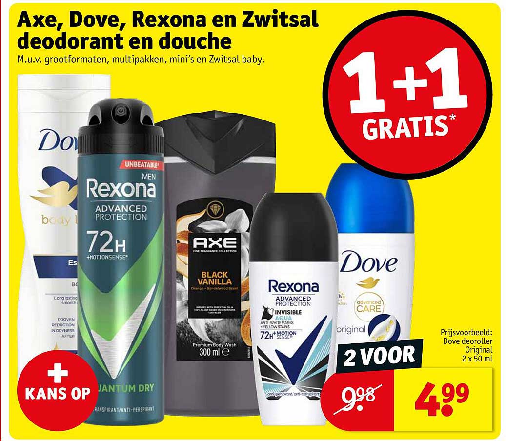 Axe, Dove, Rexona En Zwitsal Deodorant En Douche aanbieding bij Kruidvat