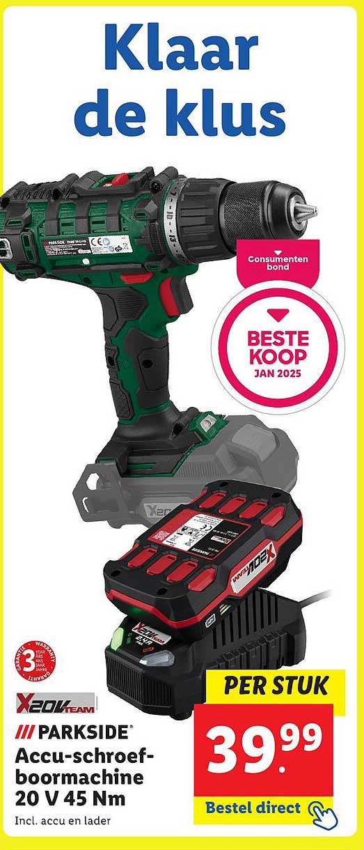 Parkside Accu-Schroef-Boormachine 20 V 45 Nm Aanbieding bij Lidl ...