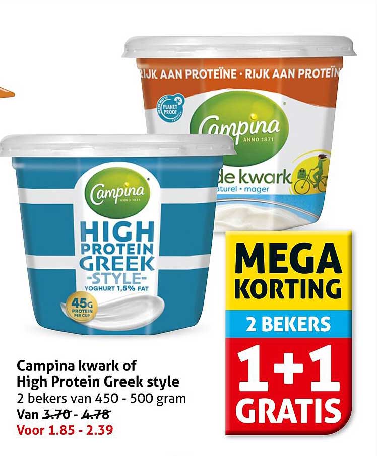 Campina Kwark Of High Protein Greek Style 2 Bekers Van 450 - 500 Gram 1 ...