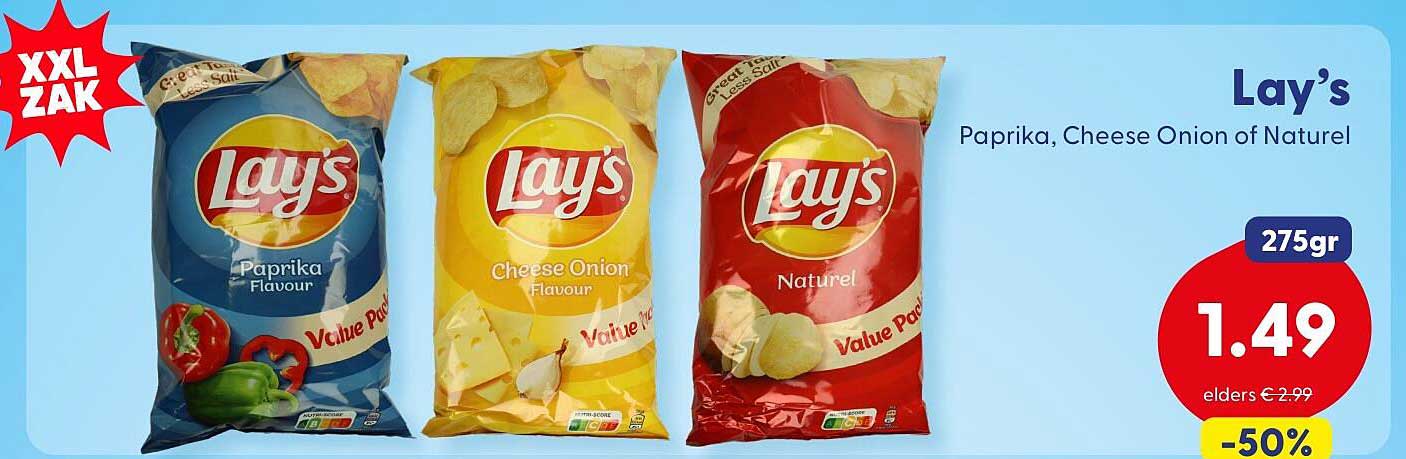 Lay's Paprika, Cheese Onion Of Naturel 275Gr Aanbieding bij Die Grenze ...