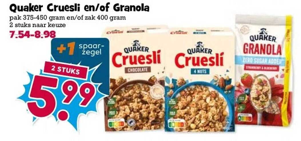 Quaker Cruesli En/Of Granola Aanbieding bij Boon's Markt - FolderFeest.nl