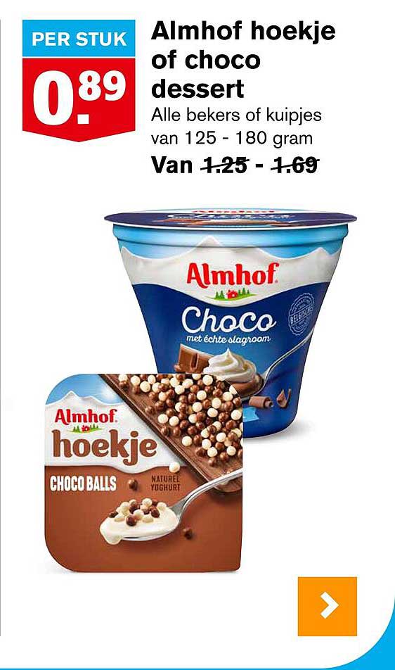 Almhof Hoekje Of Choco Dessert aanbieding bij Hoogvliet