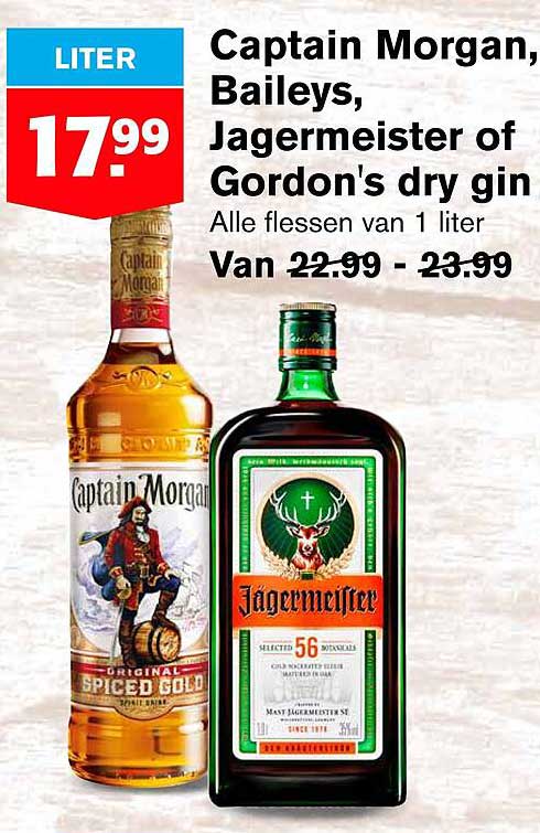 Captain Morgan, Baileys, Jägermeister Of Gordon's Dry Gin aanbieding ...