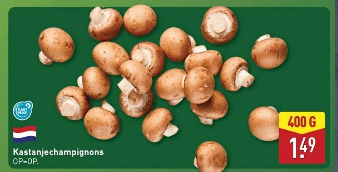 Kastanjechampignons 400 G Aanbieding bij ALDI - FolderFeest.nl