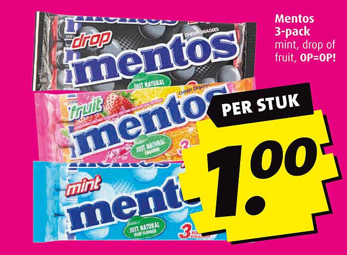 Mentos 3-Pack Mint, Drop Of Fruit Aanbieding bij Boni - FolderFeest.nl