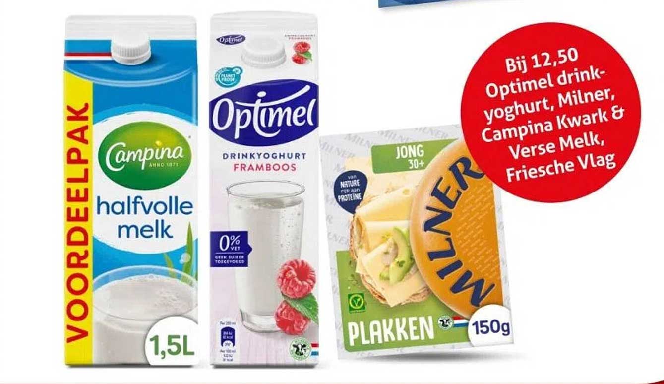 Bij 12,50 Optimel Drinkyoghurt, Milner, Campina Kwark & Verse Melk ...