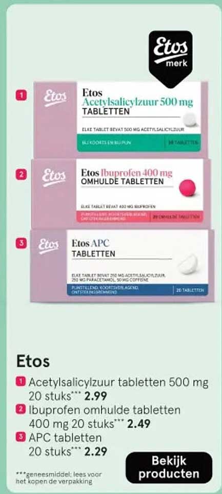Etos Acetylsalicylzuur Tabletten 500 Mg 20 Stuks Aanbieding bij Etos ...
