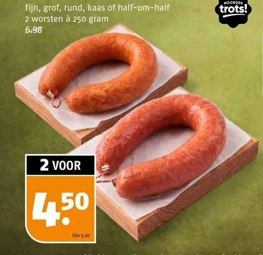 Fijn, Grof, Rund, Kaas Of Half-Om-Half 2 Worsten À 250 Gram Aanbieding ...
