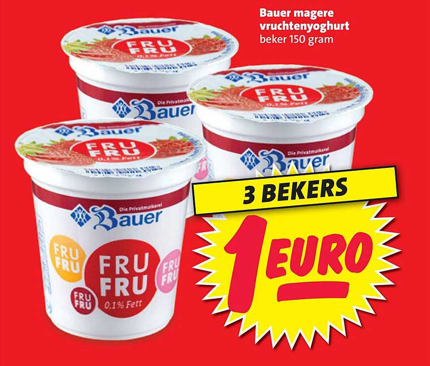 Bauer Magere Vruchtenyoghurt Beker 150 Gram Aanbieding bij Boni ...