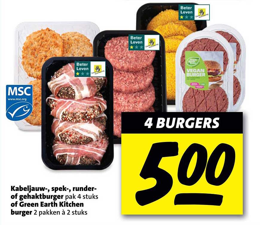 Kabeljauw-, Spek-, Rund- Of Gehaktburger Pak 4 Stuks Of Green Earth ...