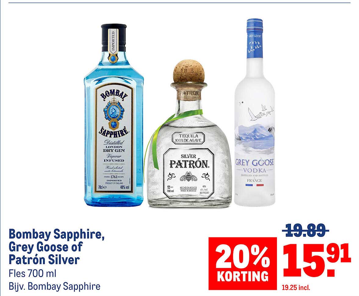 Bombay Sapphire, Grey Goose Of Patrón Silver aanbieding bij Makro