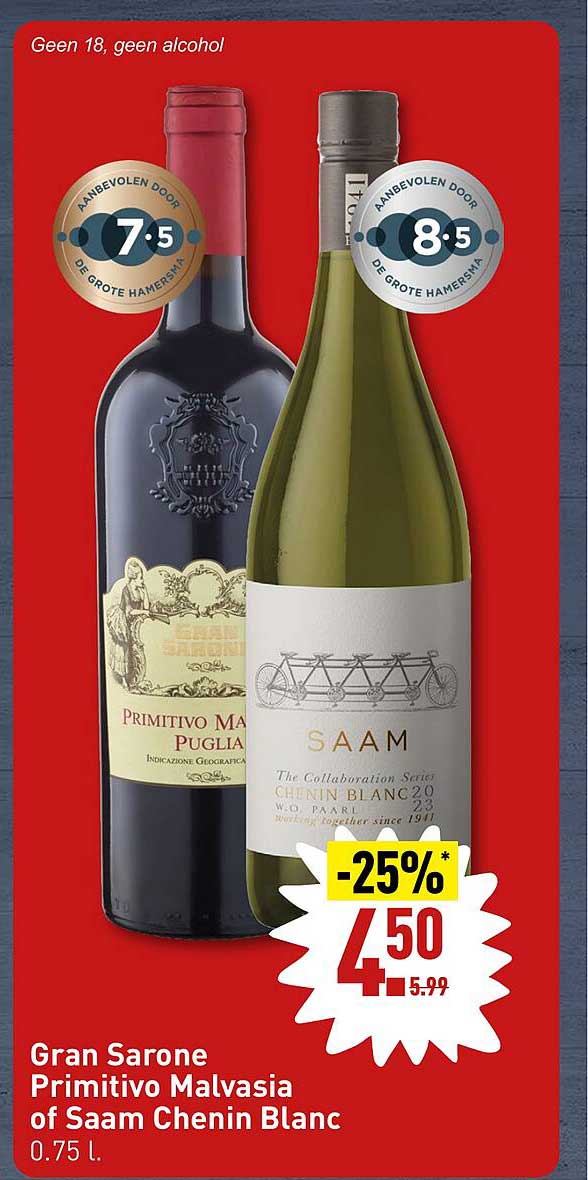 Gran Sarone Primitivo Malvasia Of Saam Chenin Blanc aanbieding bij ALDI