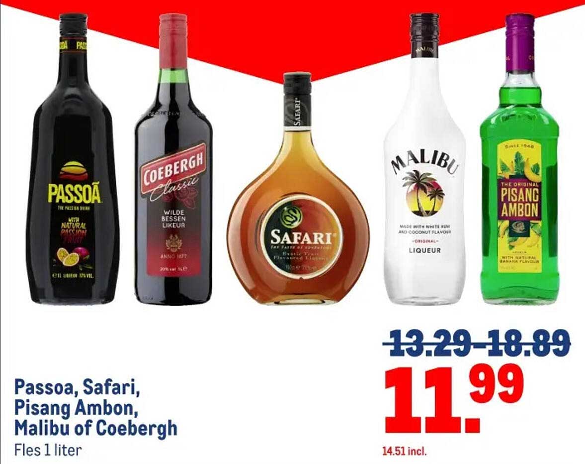 Passoa, Safari, Pisang Ambon, Malibu Of Coebergh aanbieding bij Makro