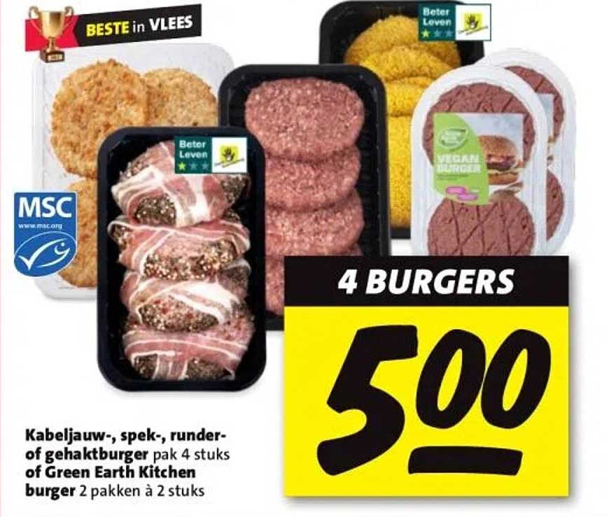 Kabeljauw-, Spek-, Runder- Of Gehaktburger Pak 4 Stuks Of Green Earth ...