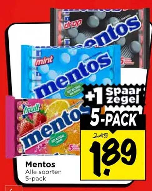 Mentos Alle Soorten 5-Pack Aanbieding bij Vomar - FolderFeest.nl