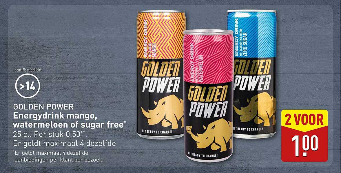 Golden Power Energydrink Mango, Watermeloen Of Sugar Free* Aanbieding ...