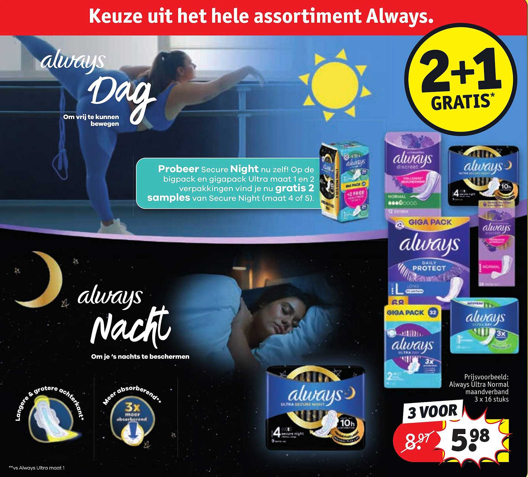 Always Dag Always Nacht 2+1 Gratis aanbieding bij Kruidvat