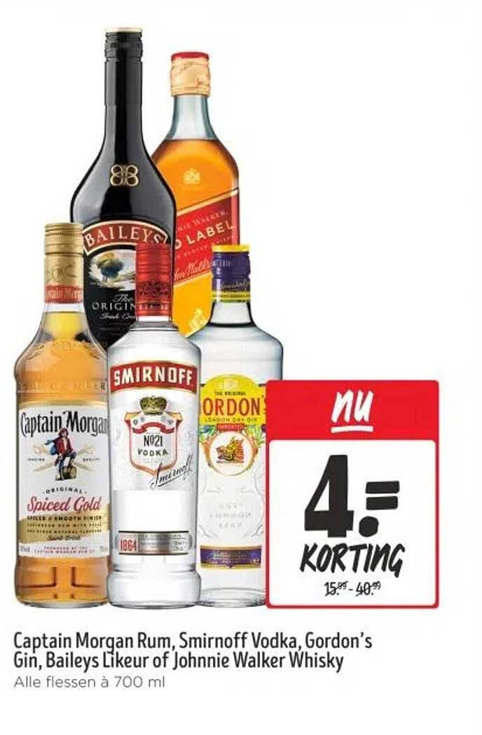 Captain Morgan Rum, Smirnoff Vodka, Gordon’s Gin, Baileys Liqueur Of ...