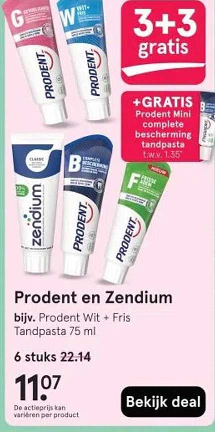 Prodent En Zendium Bijv. Prodent Wit + Fris Tandpasta 75 Ml Aanbieding ...