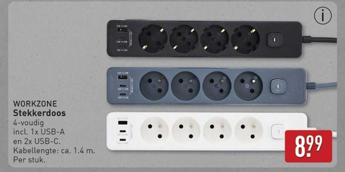 Workzone Stekkerdoos 4-Voudig Incl. 1X Usb-A En 2X Usb-C Aanbieding bij ...