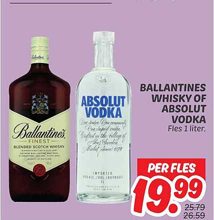 Ballantines Whisky Of Absolut Vodka Aanbieding bij Dekamarkt ...