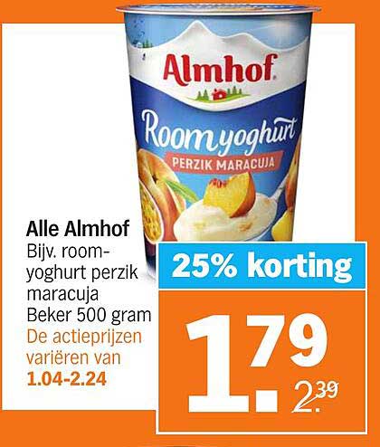 Almhof Roomyoghurt Perzik Maracuja aanbieding bij Albert Heijn