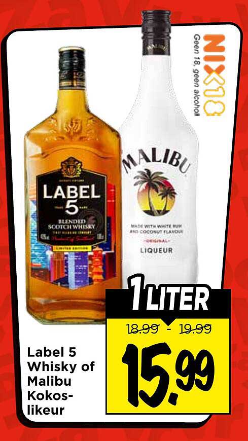 Label 5 Whisky Of Malibu Kokoslikeur Aanbieding bij Vomar - FolderFeest.nl