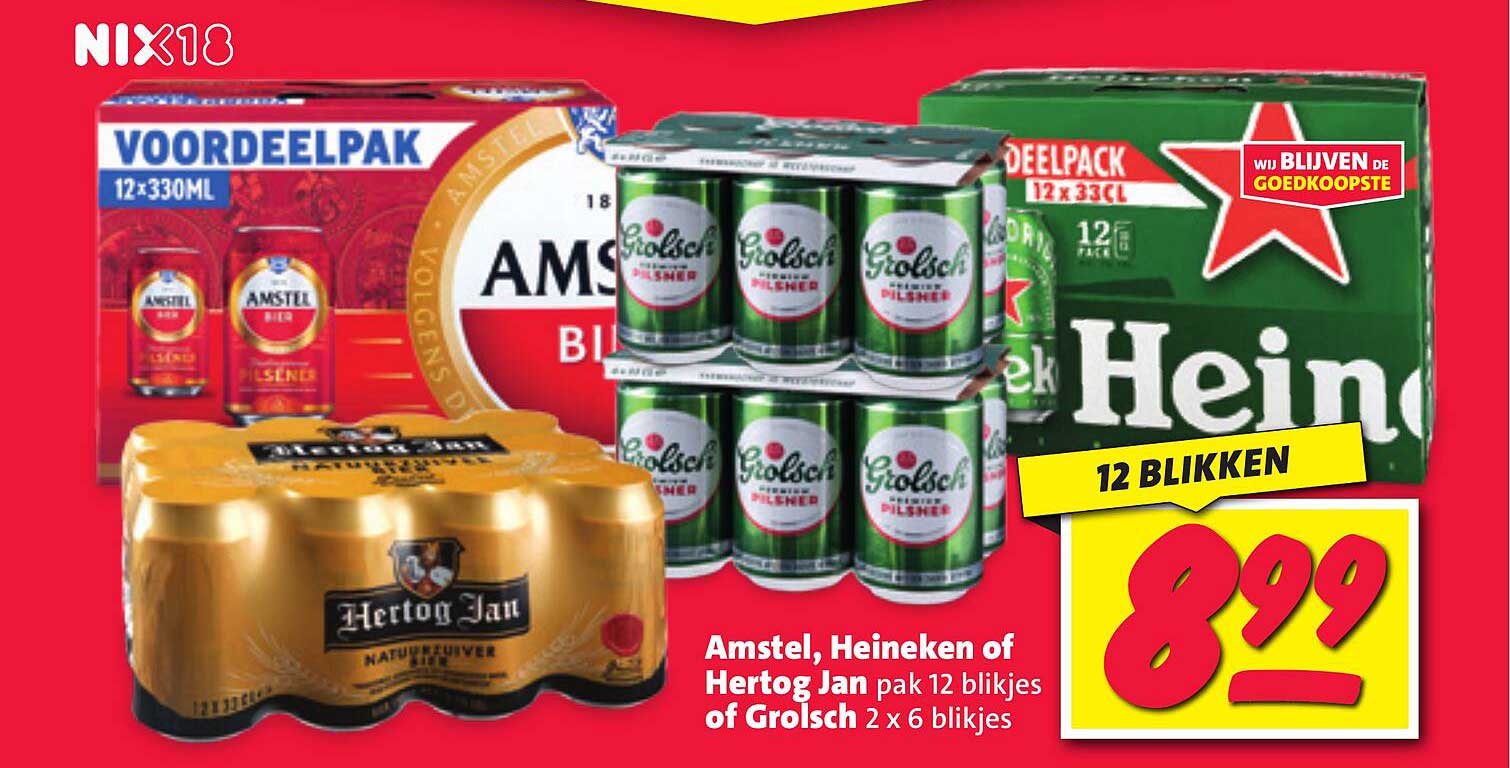 Amstel, Heineken Of Hertog Jan Pak 12 Blikjes Of Grolsch 2 X 6 Blikjes ...