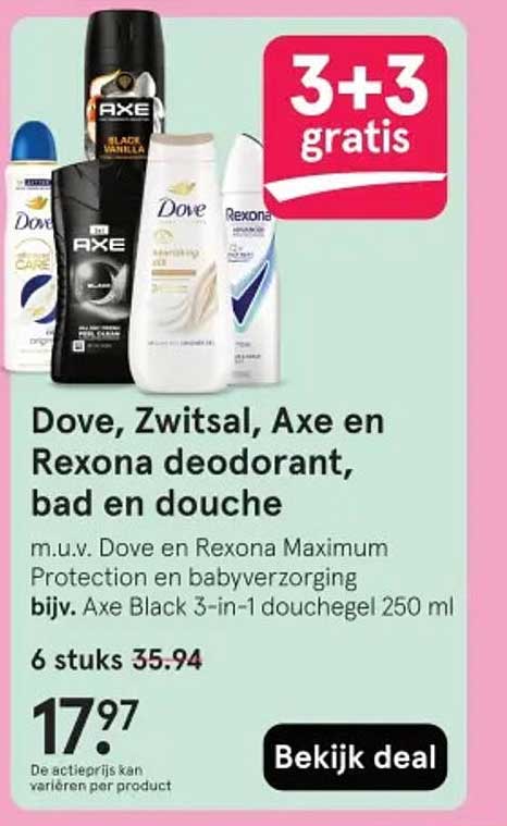 Dove, Zwitsal, Axe En Rexona Deodorant, Bad En Douche Aanbieding bij ...