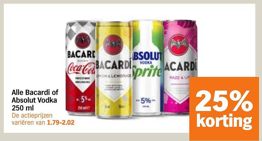 Alle Bacardi Of Absolut Vodka 250 Ml 25% Korting Aanbieding bij Albert ...