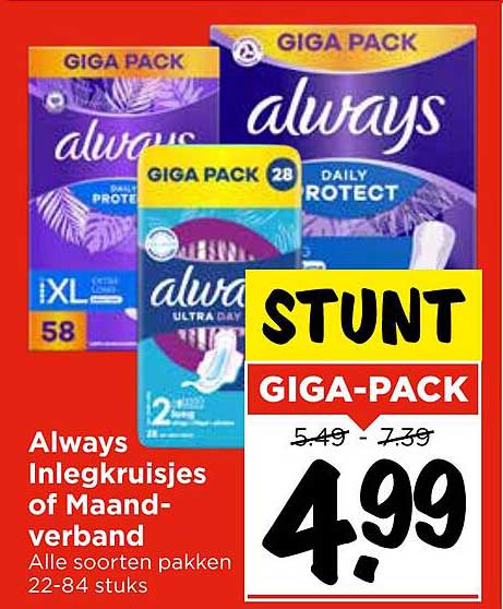 Always Inlegkruisjes Of Maandverband Giga Pack aanbieding bij Vomar